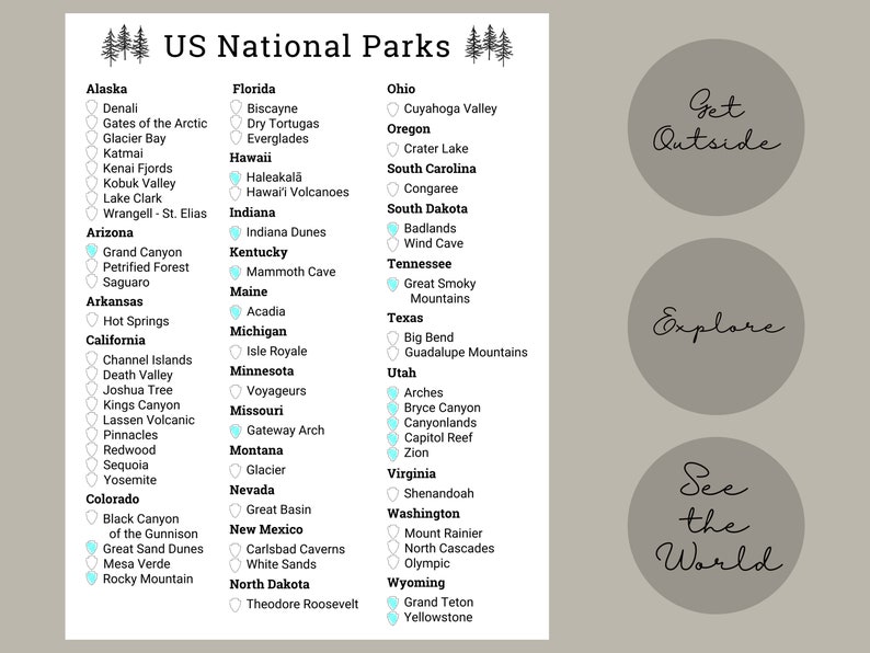 Printable United States National Park Checklist | Travel Checklist ...