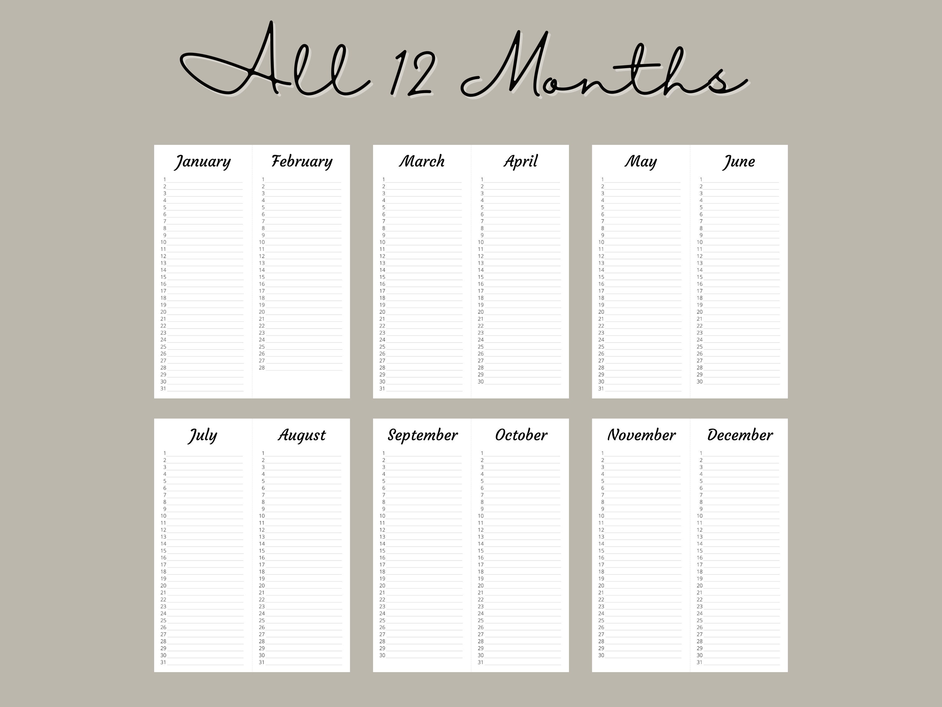Perpetual List Calendar | Printable Minimalist Monthly Planner ...
