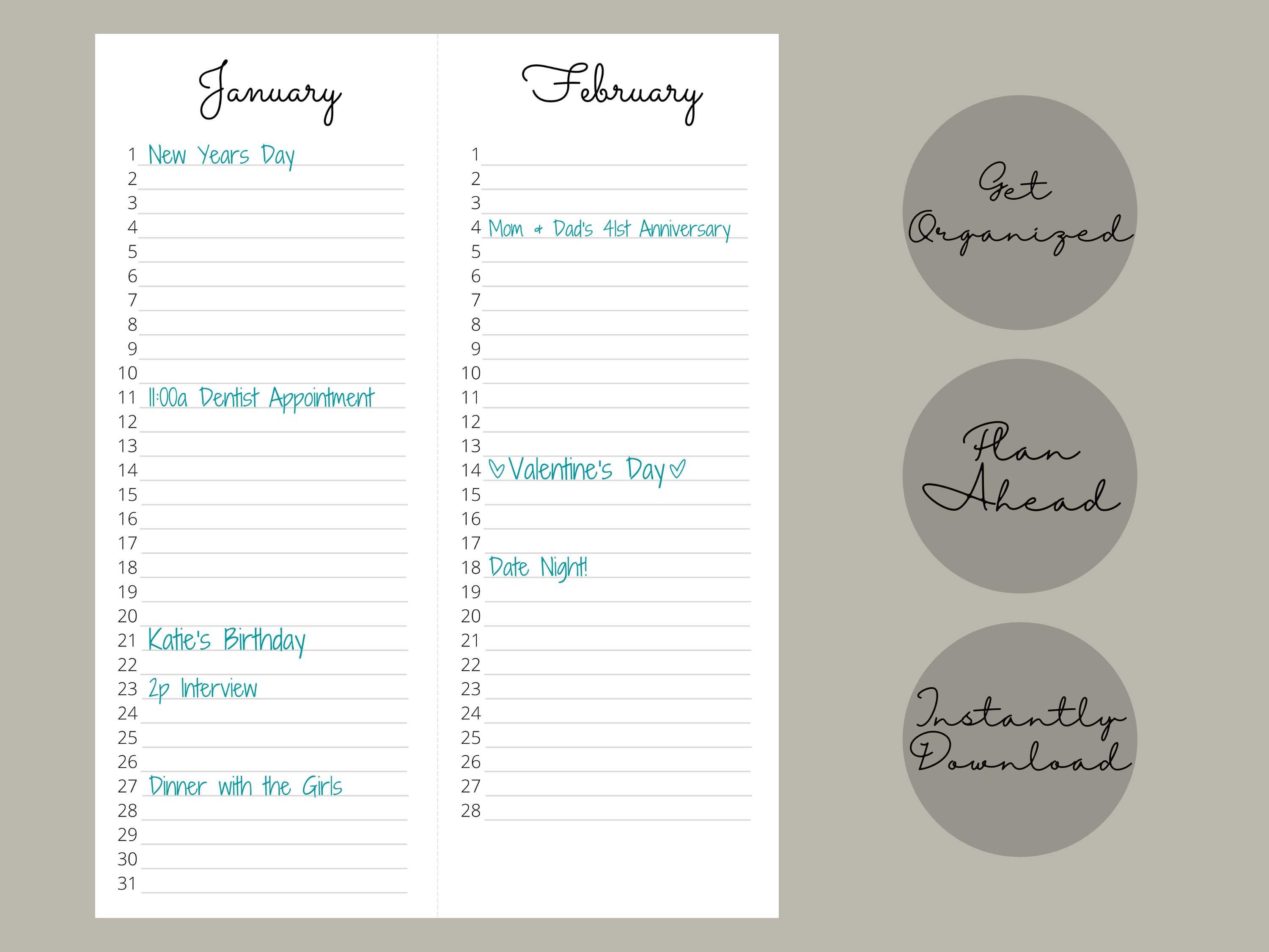Perpetual List Calendar Printable Monthly Calendar List Calendar ...