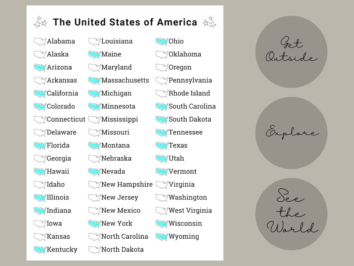 Printable 50 States Checklist | Bucket List | 50 States Challenge | 50 ...
