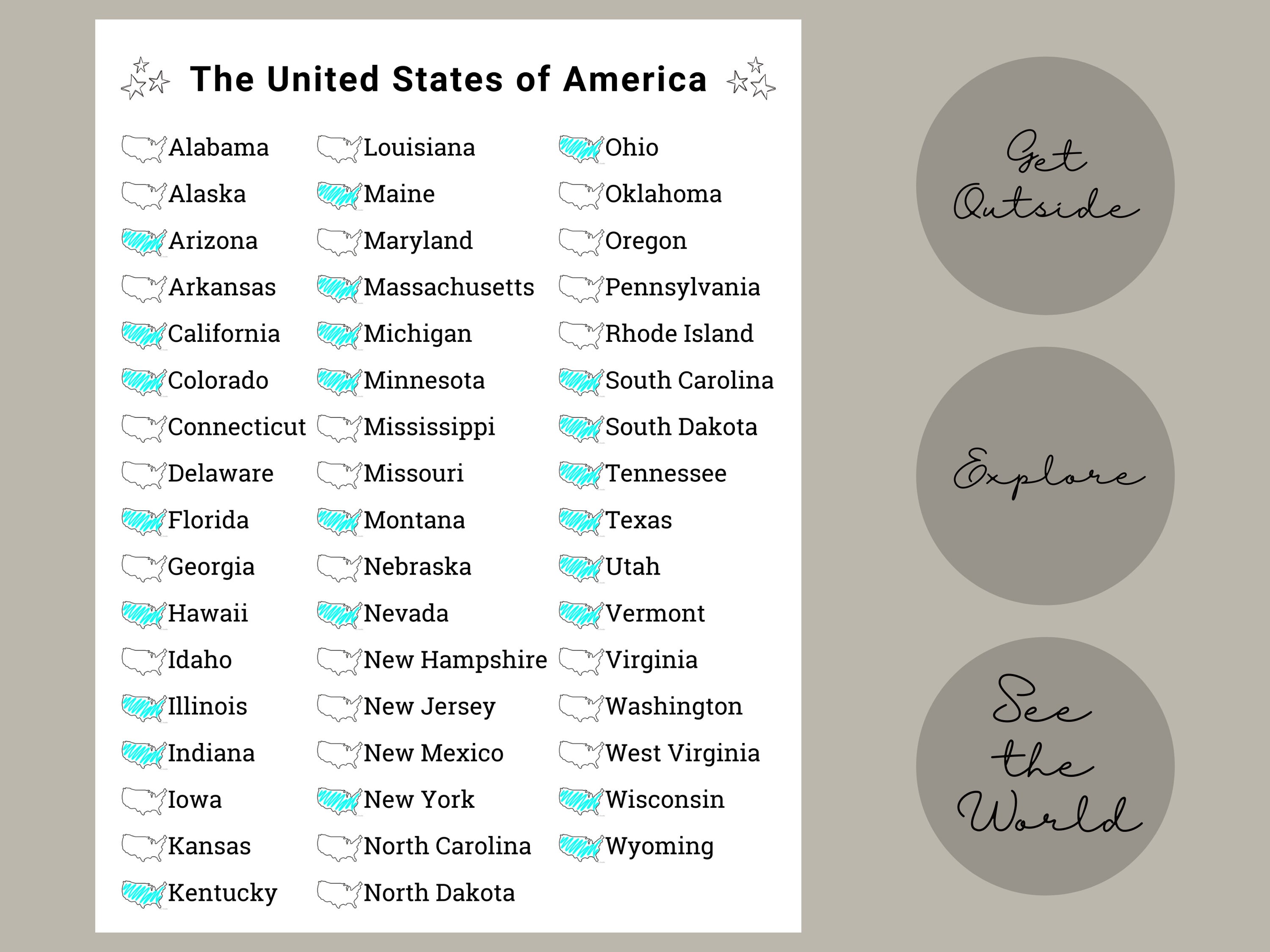 Printable 50 States Checklist | Bucket List | 50 States Challenge | 50 ...