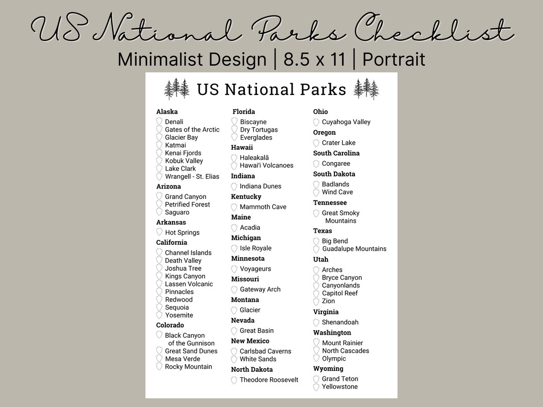 Printable United States National Park Checklist | Travel Checklist ...