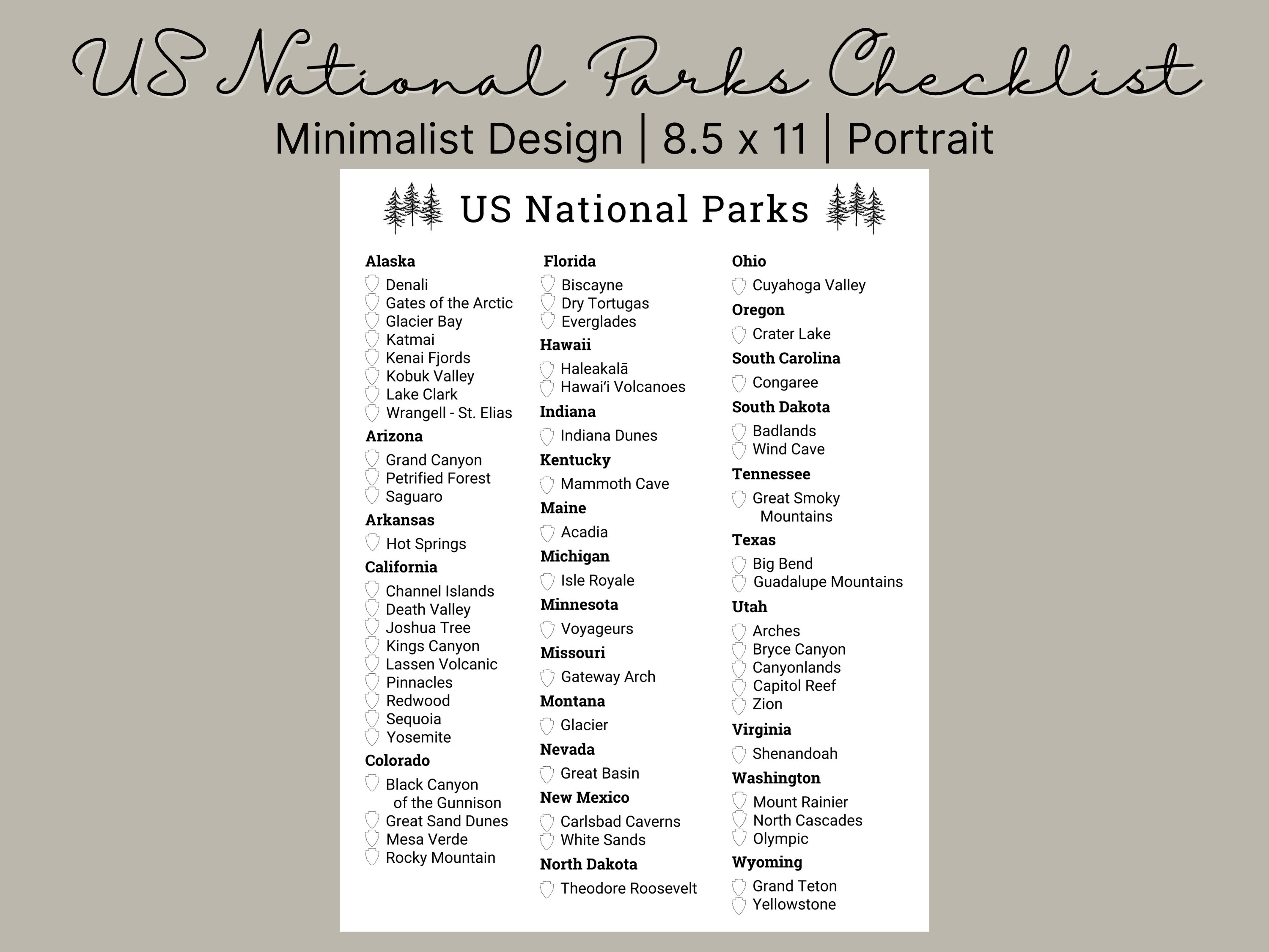Printable United States National Park Checklist | Travel Checklist ...