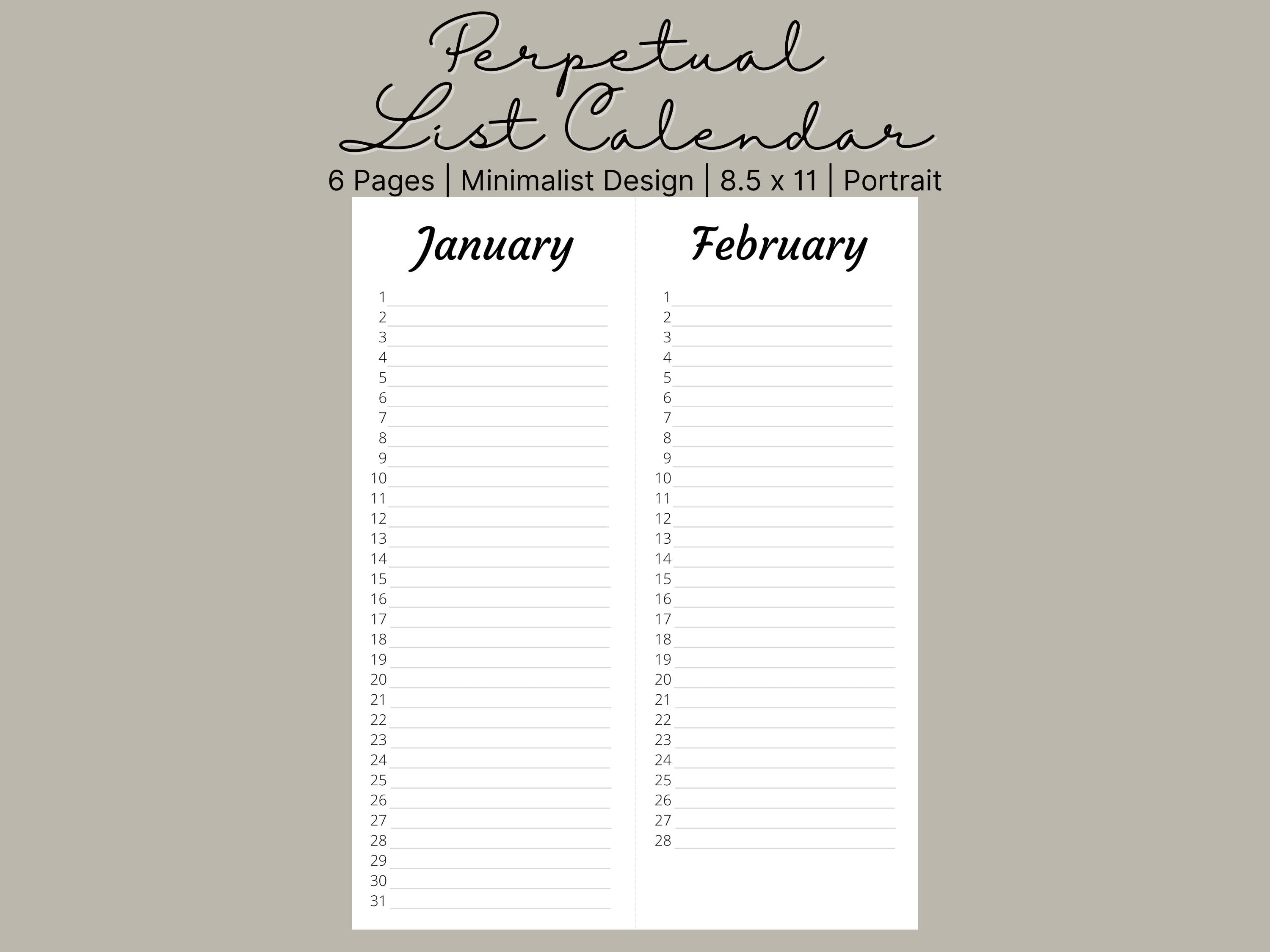 Perpetual List Calendar | Printable Minimalist Monthly Planner ...