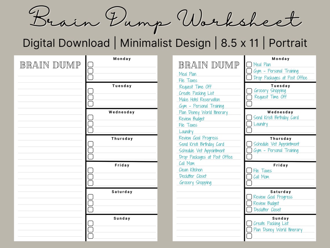 Printable Brain Dump Worksheet | Brain Dump Organizer | Brain Dump ...