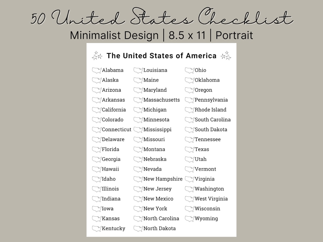 Printable 50 States Checklist | Bucket List | 50 States Challenge | 50 ...