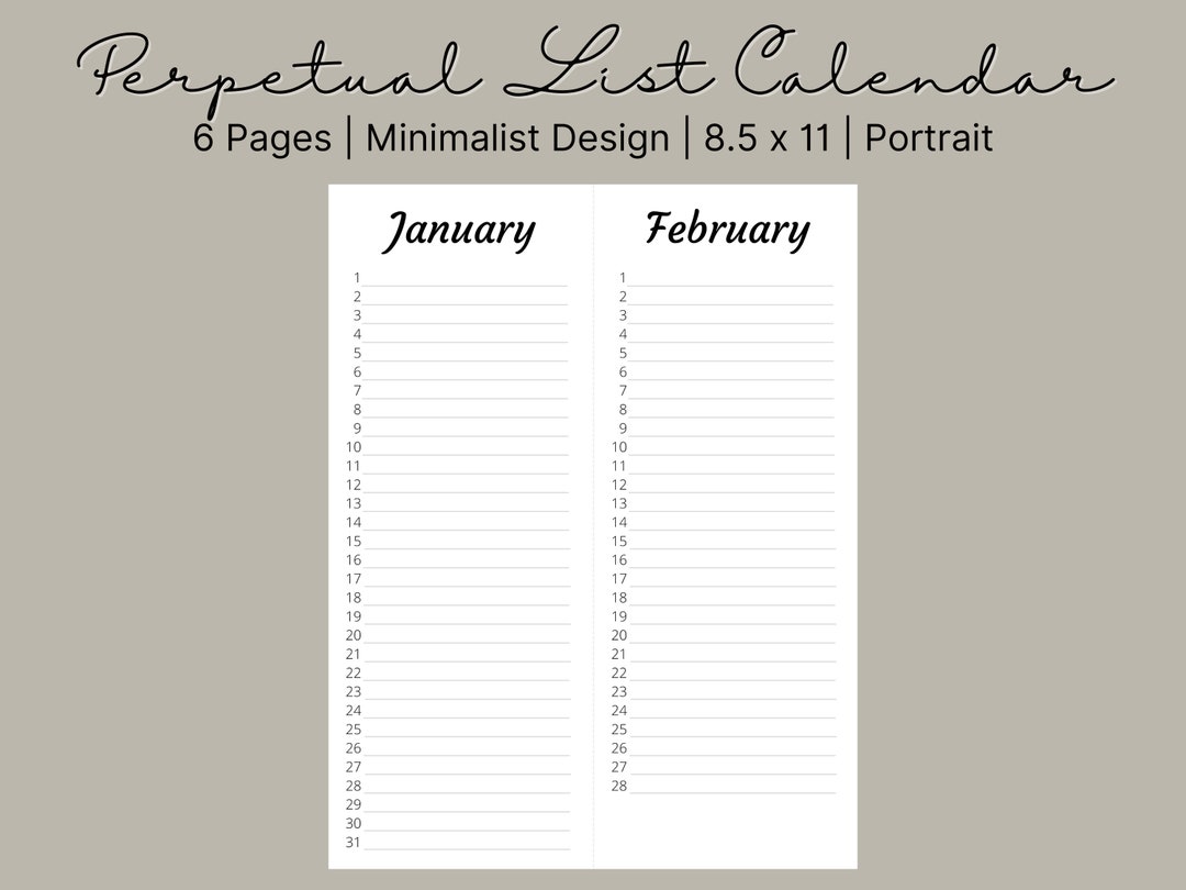 Perpetual List Calendar Printable Monthly Calendar List Calendar ...