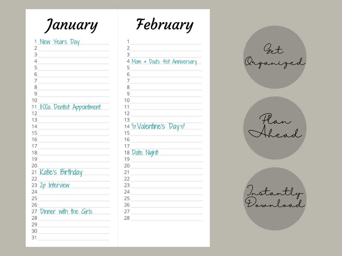 Perpetual List Calendar | Printable Minimalist Monthly Planner ...