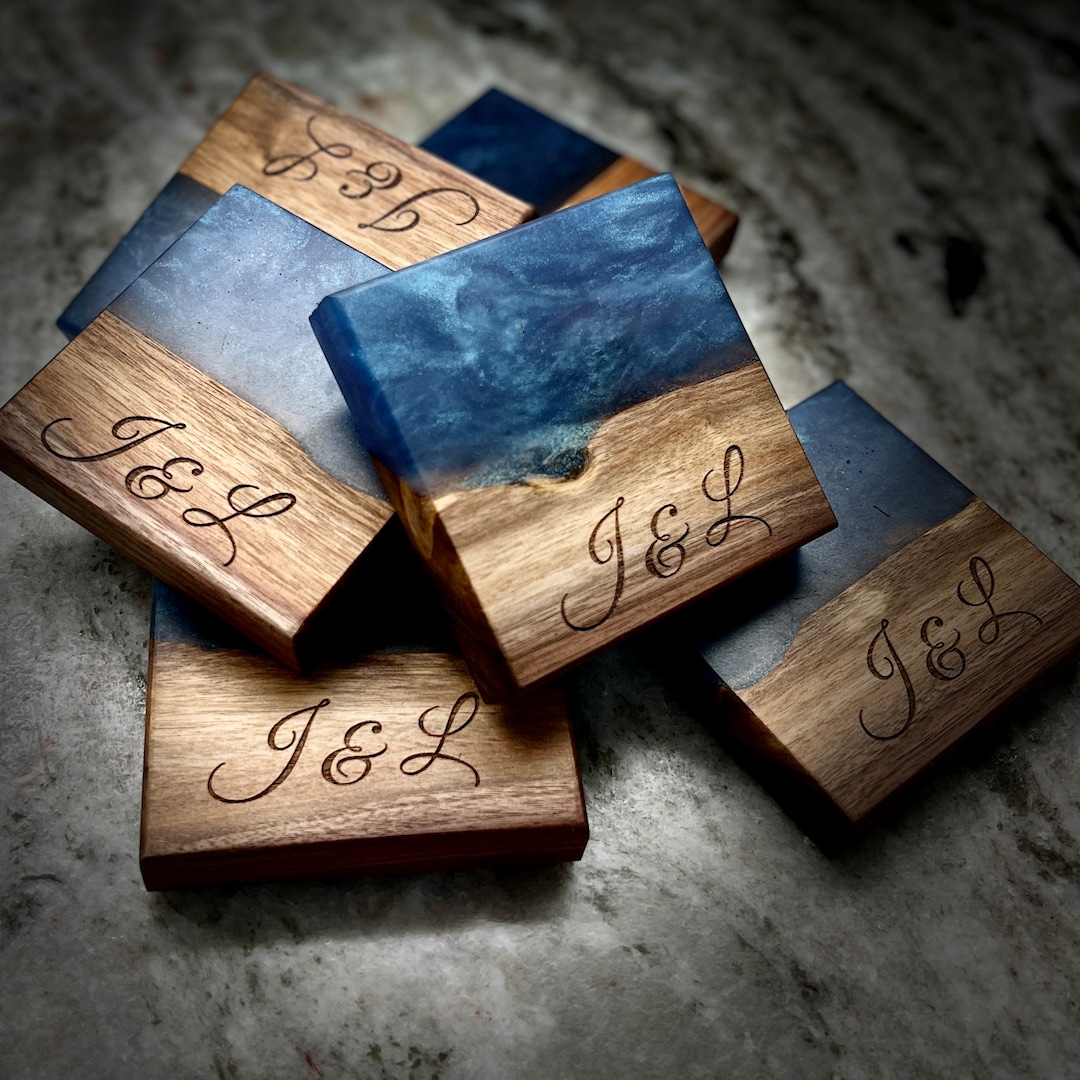 Black Walnut Epoxy Coasters With River, Custom, Personalized Gift ...