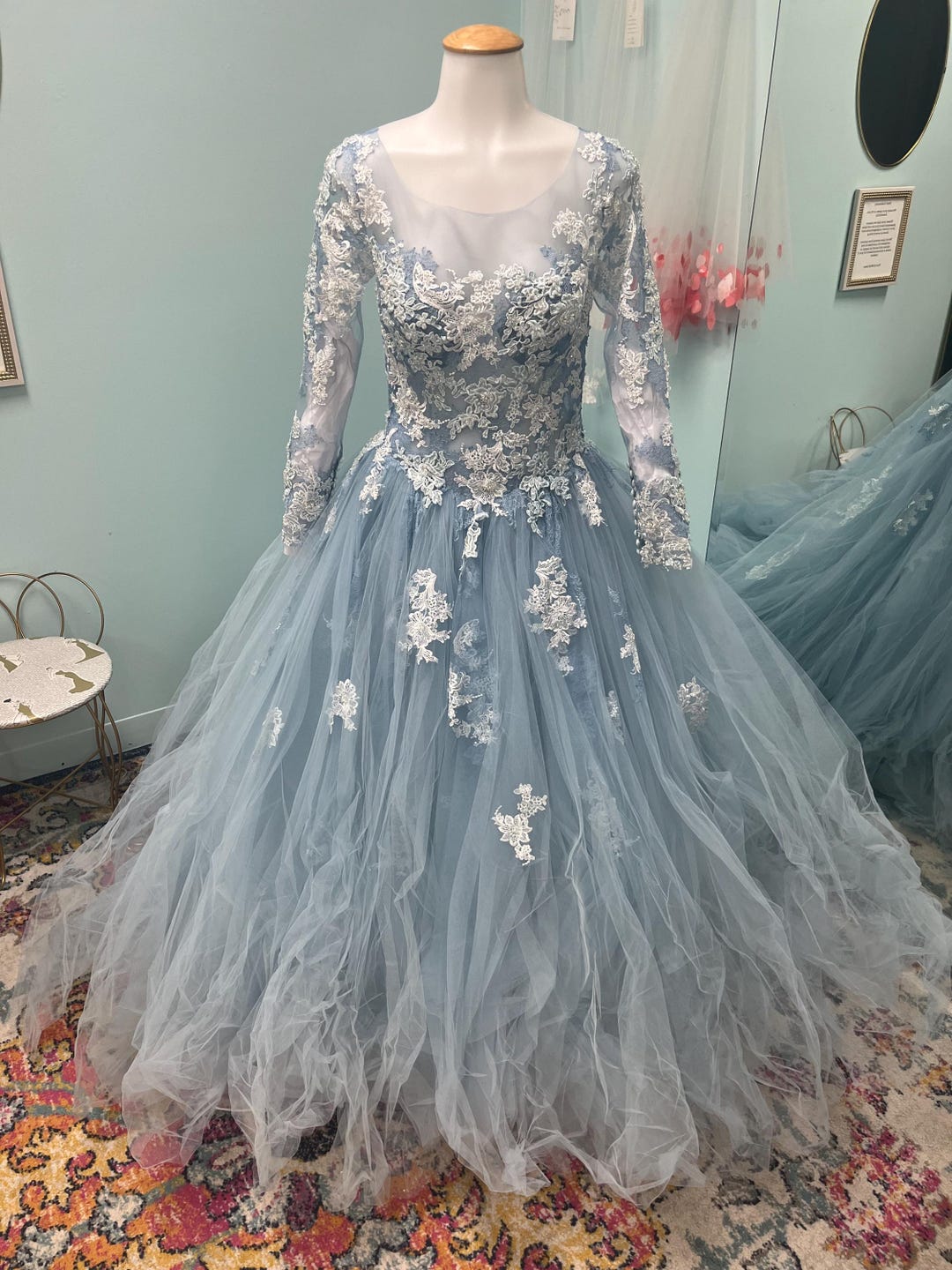 Powder Blue Tulle Ball Gown | Lace Appliqué Illusion Sleeves - Etsy Canada
