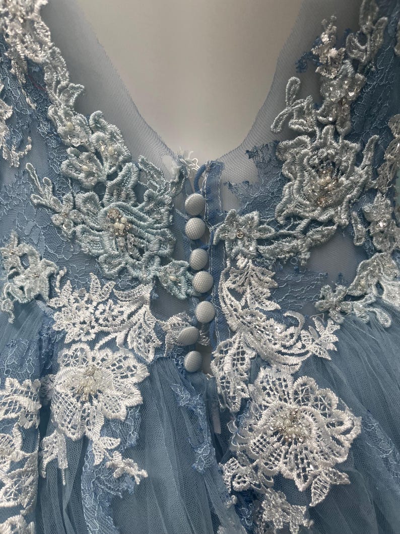 Powder Blue Tulle Ball Gown | Lace Appliqué Illusion Sleeves - Etsy