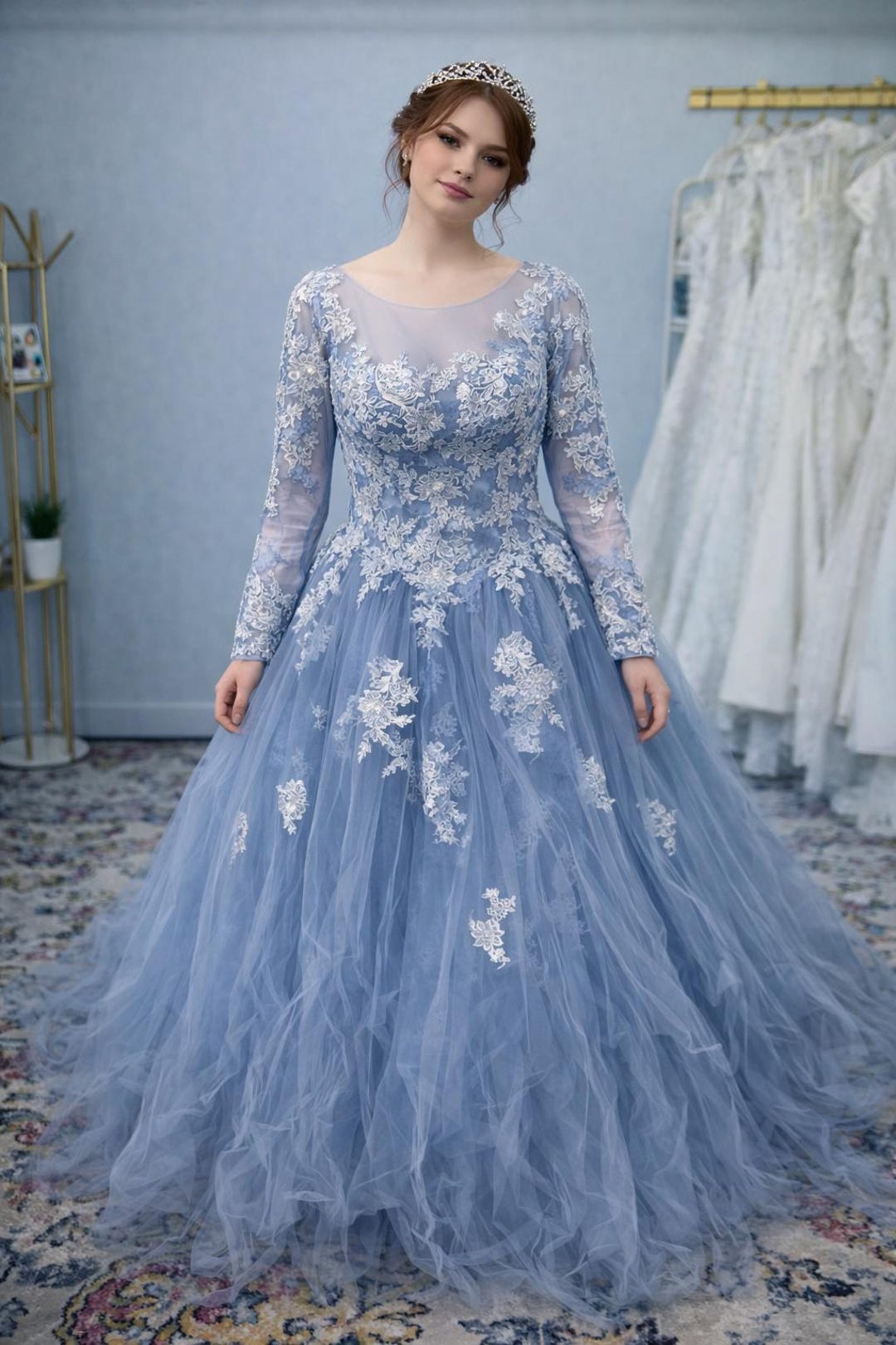 Powder Blue Tulle Ball Gown | Lace Appliqué Illusion Sleeves - Etsy