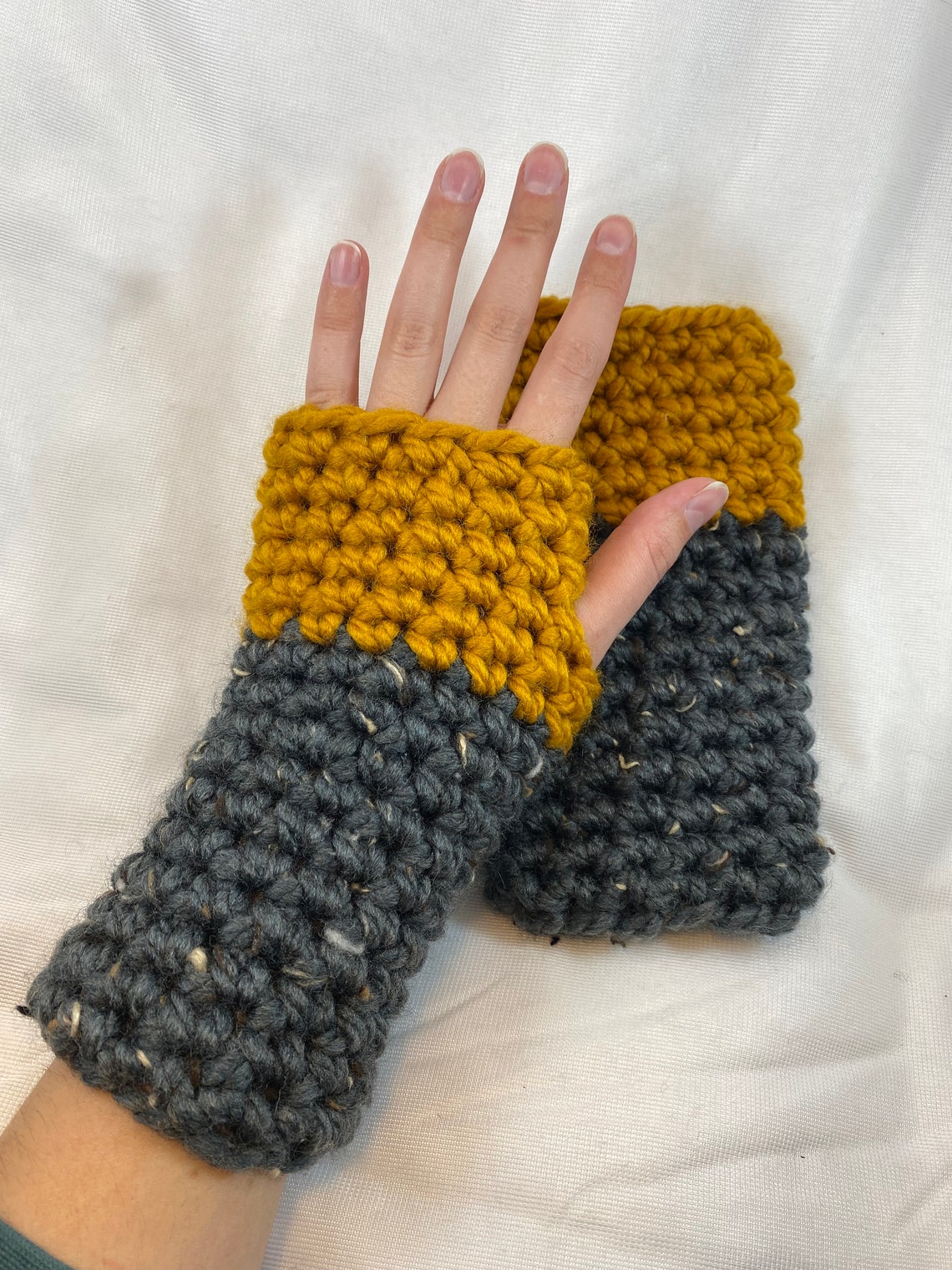 Crocheted Chunky Wrist Warmers, Mustard and Charcoal Gray, Handmade ...