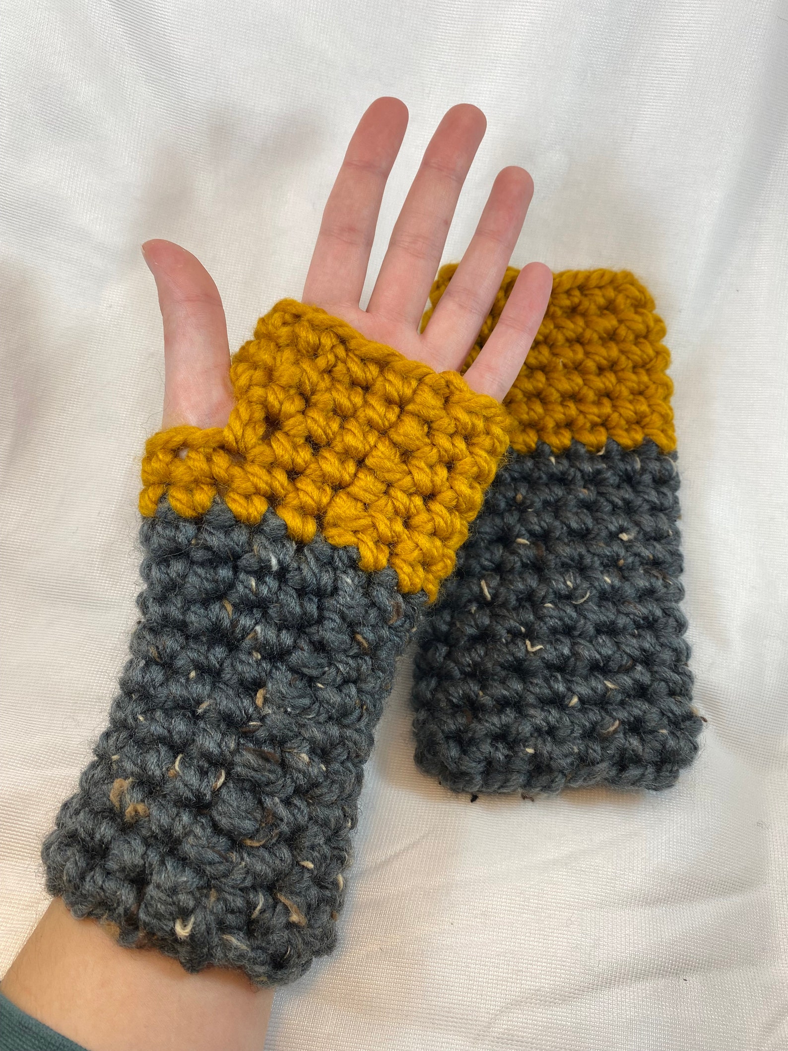 Crocheted Chunky Wrist Warmers, Mustard and Charcoal Gray, Handmade ...
