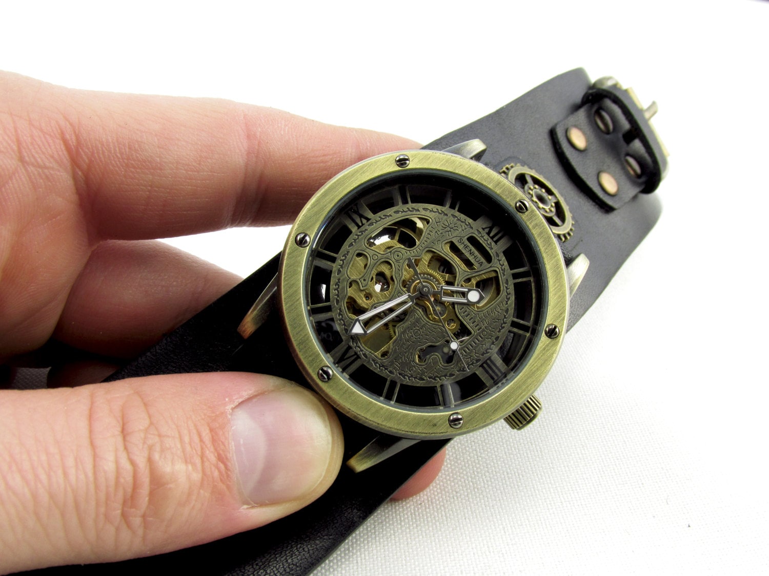 Steampunk Watch, Skeleton Watch, Automatic Watch, Wide Leather Cuff ...
