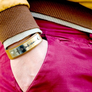 Sound Wave Bracelet, Music Soundwave, Brown Leather Steel Cuff, Men ...