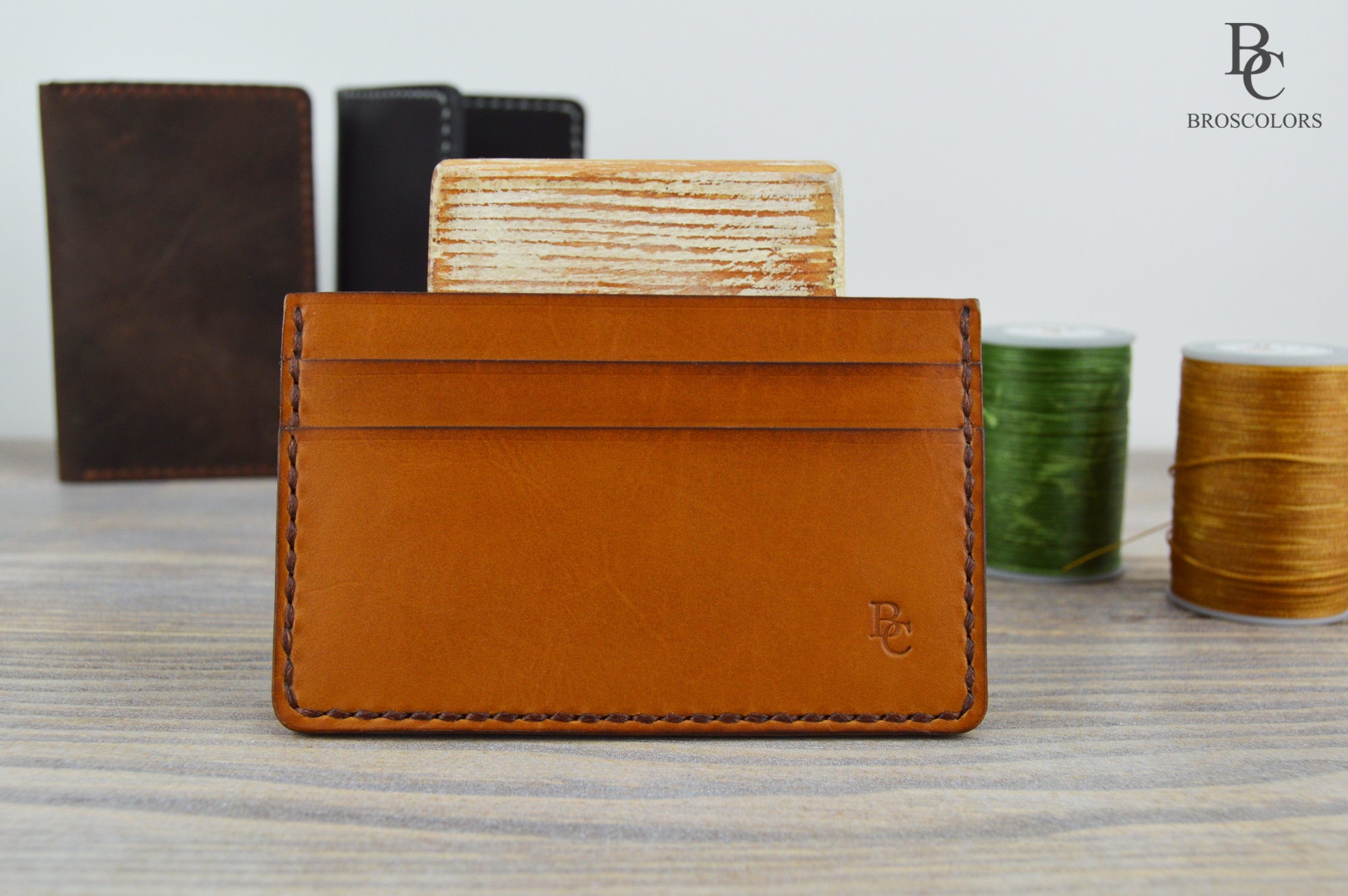 Slim Leather Card Holder Camel Brown Wallet Customized Mini | Etsy