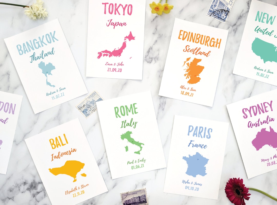 Travel Theme Table Name Cards for Destination Wedding- Cities/countries ...