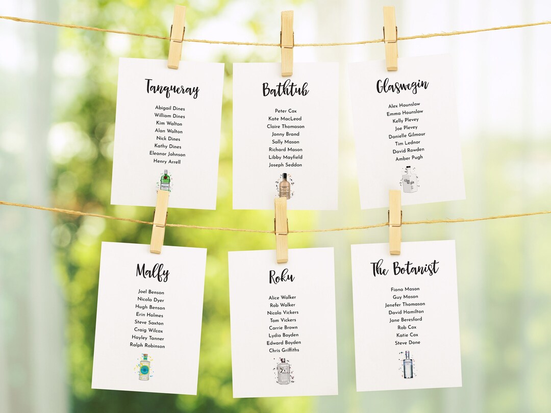 Gin Bottle Wedding Table Plan Cards - Gin Bottle Illustrations - Etsy