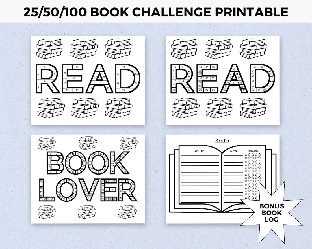 Book Challenge Tracker, Reading Challenge Printable, 25/50/100 Book ...
