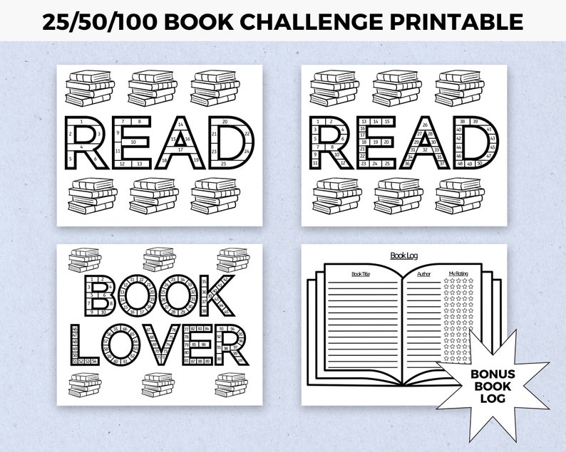 Book Challenge Tracker, Reading Challenge Printable, 25/50/100 Book ...