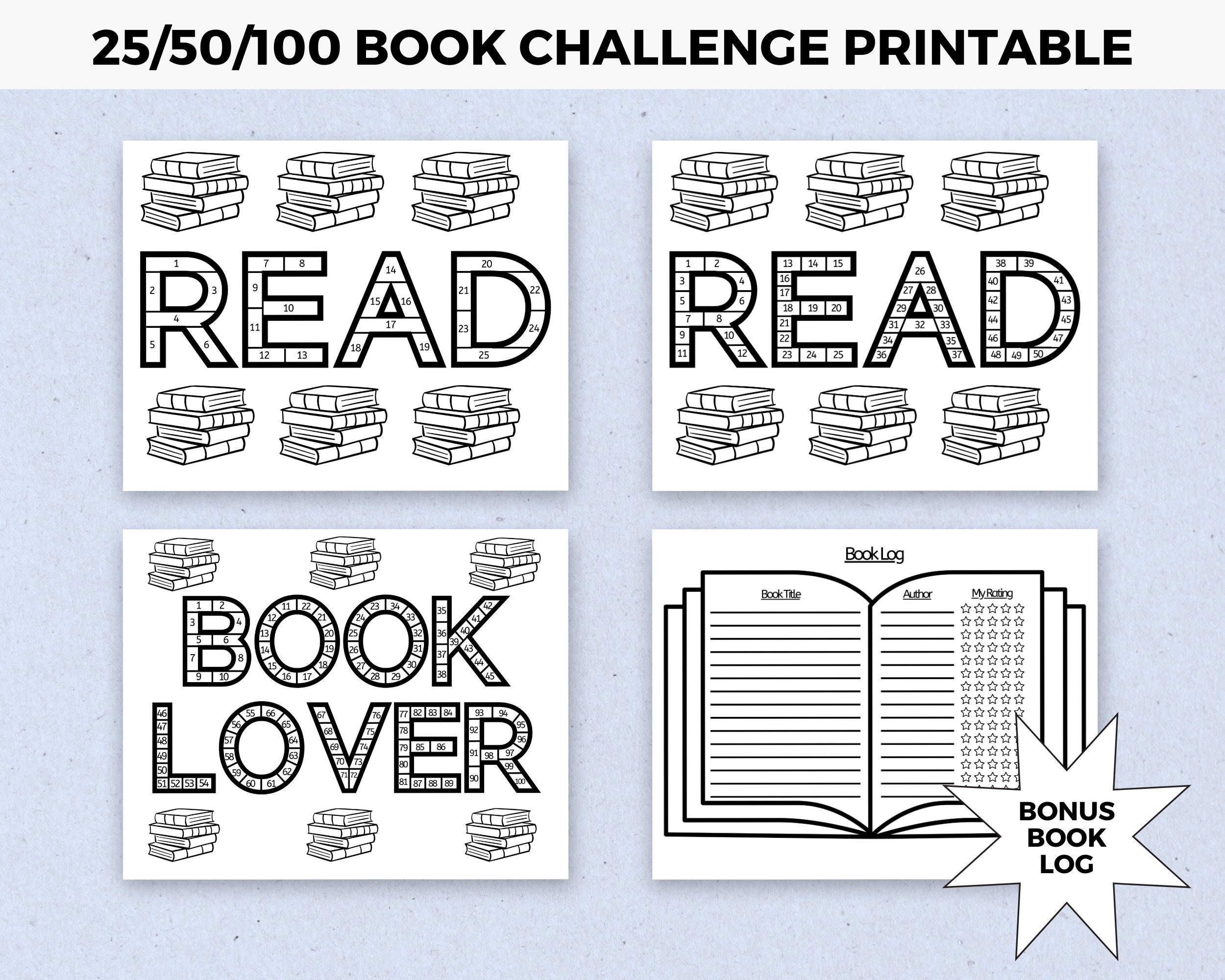Book Challenge Tracker, Reading Challenge Printable, 25/50/100 Book ...