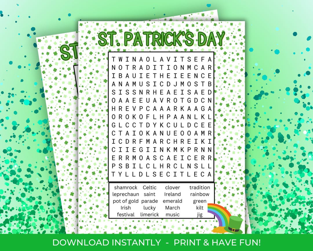 St. Patrick's Day Word Search, March Word Search Games, Word Search for ...