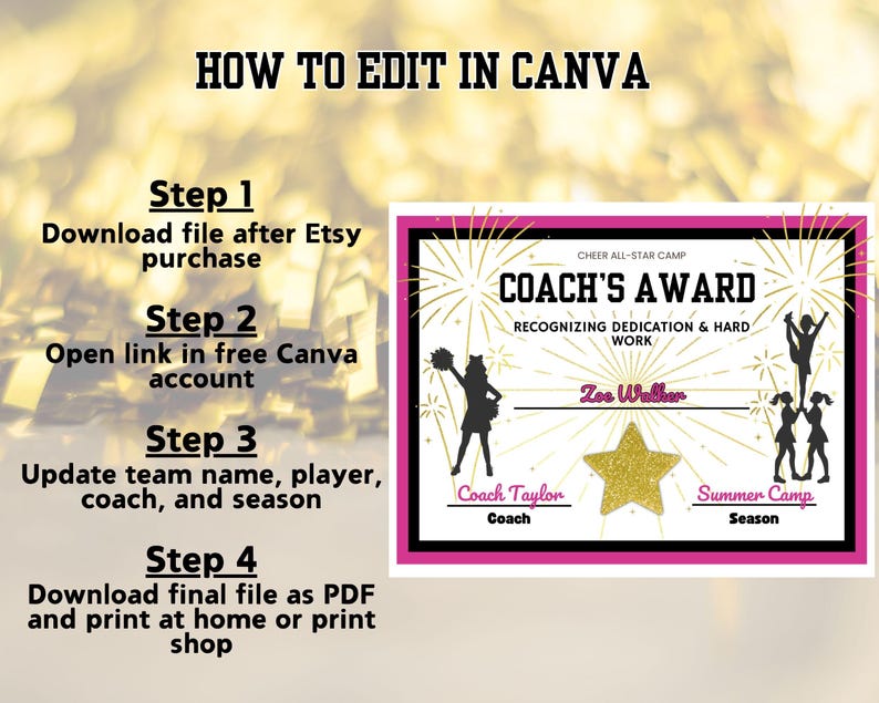 Editable Cheer Awards Certificate End of Cheer Season Team Party Gifts ...