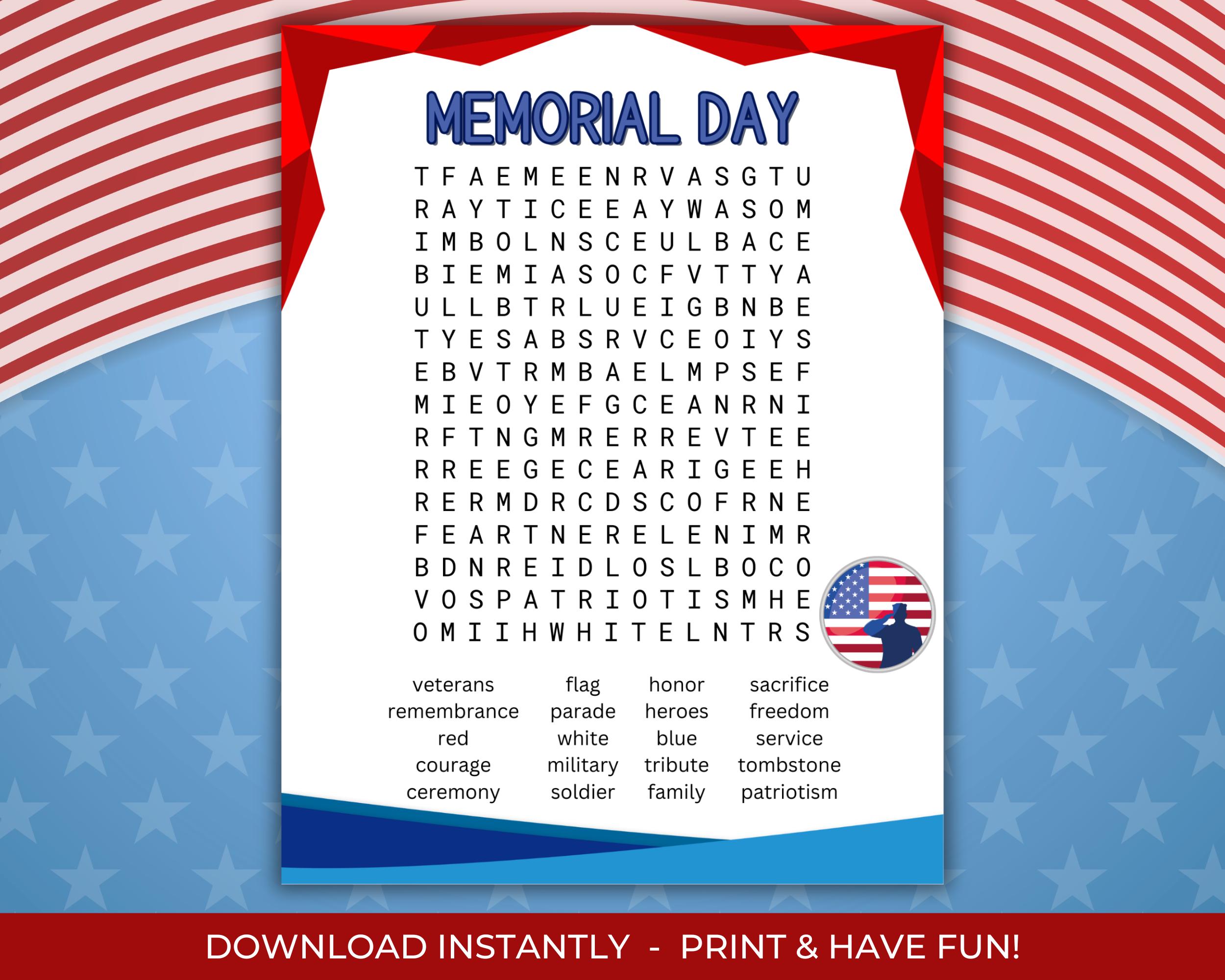 Memorial Day Word Search, May Word Search Games, Word Search for ...
