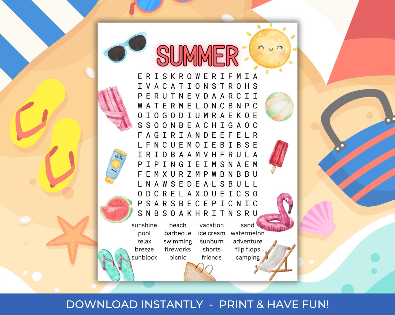 Summer Word Search, June July August Word Search Games, Word Search for ...