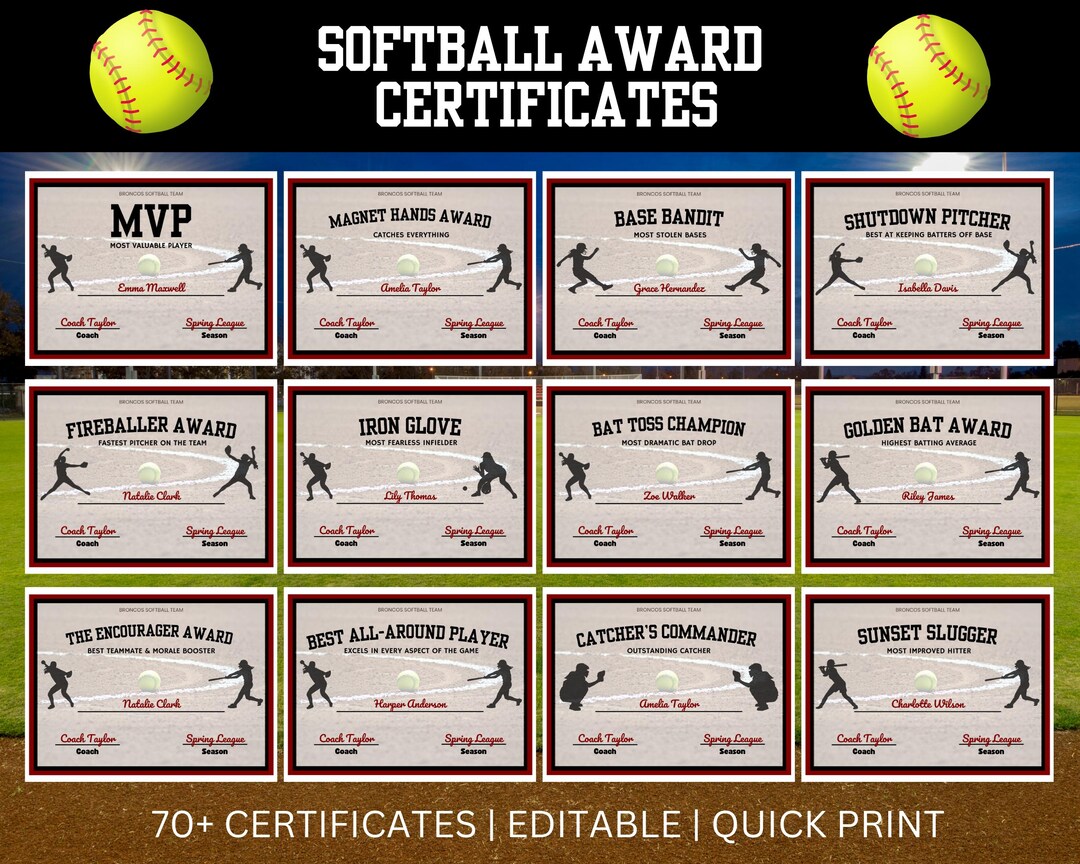 Editable Softball Awards Certificate End of Softball Season Team Party ...