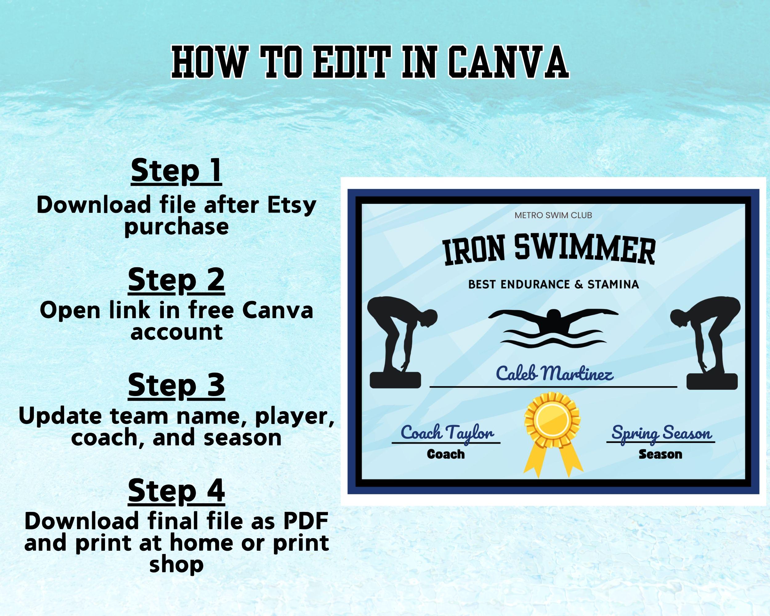 Editable Boys Swimming Awards Certificate End of Swimming Season Team ...