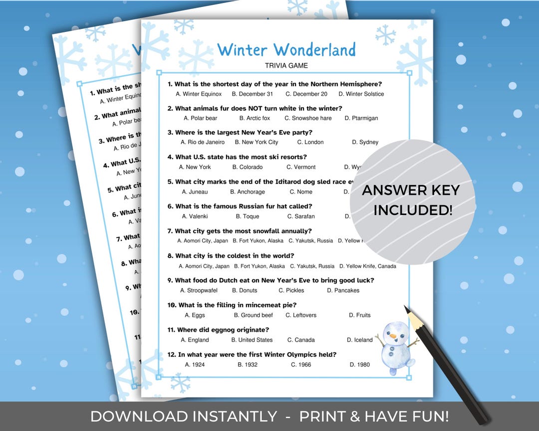 Winter Trivia Game - Printable Winter Wonderland Trivia, Holiday Quiz ...
