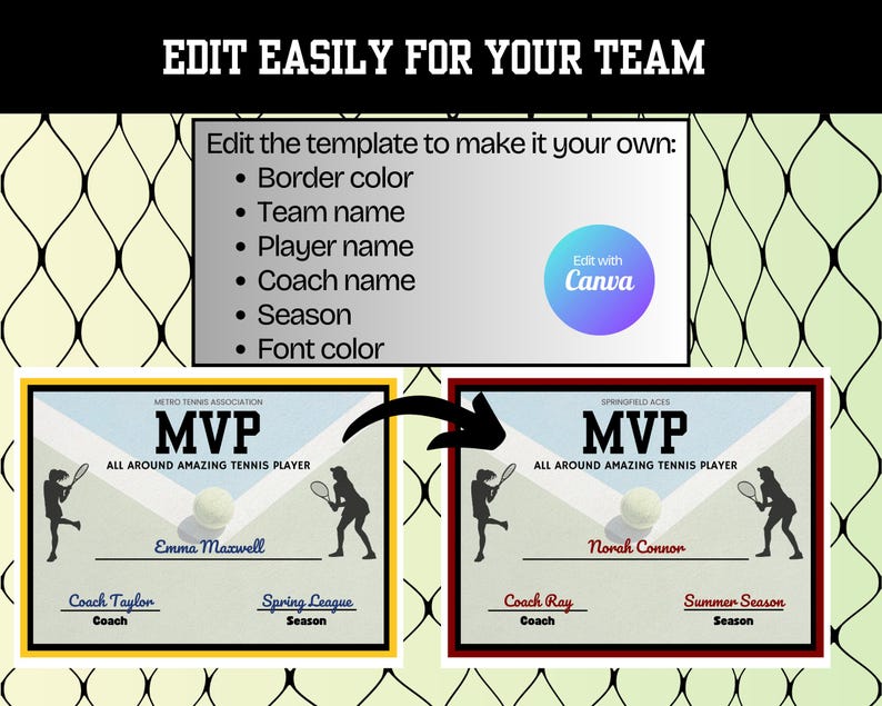 Editable Girls Tennis Awards Certificate End of Tennis Season Team ...