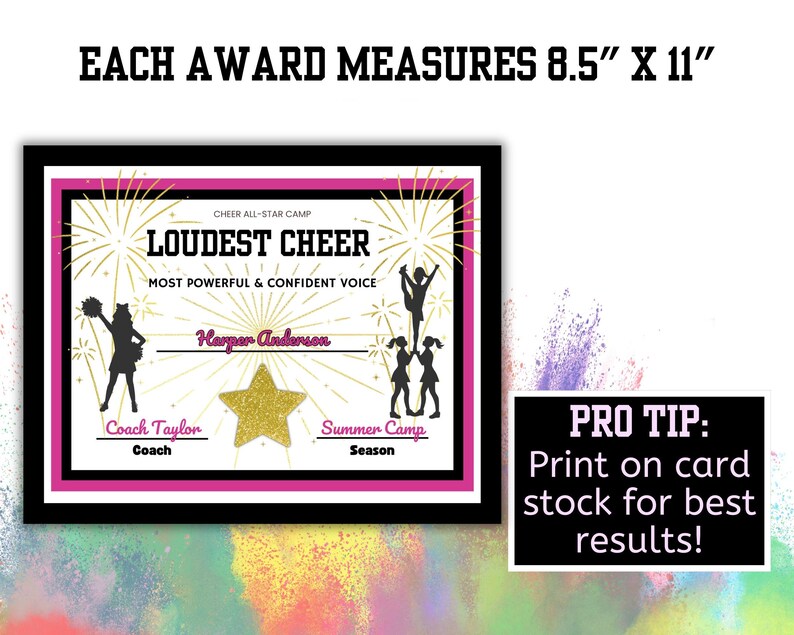 Editable Cheer Awards Certificate End of Cheer Season Team Party Gifts ...