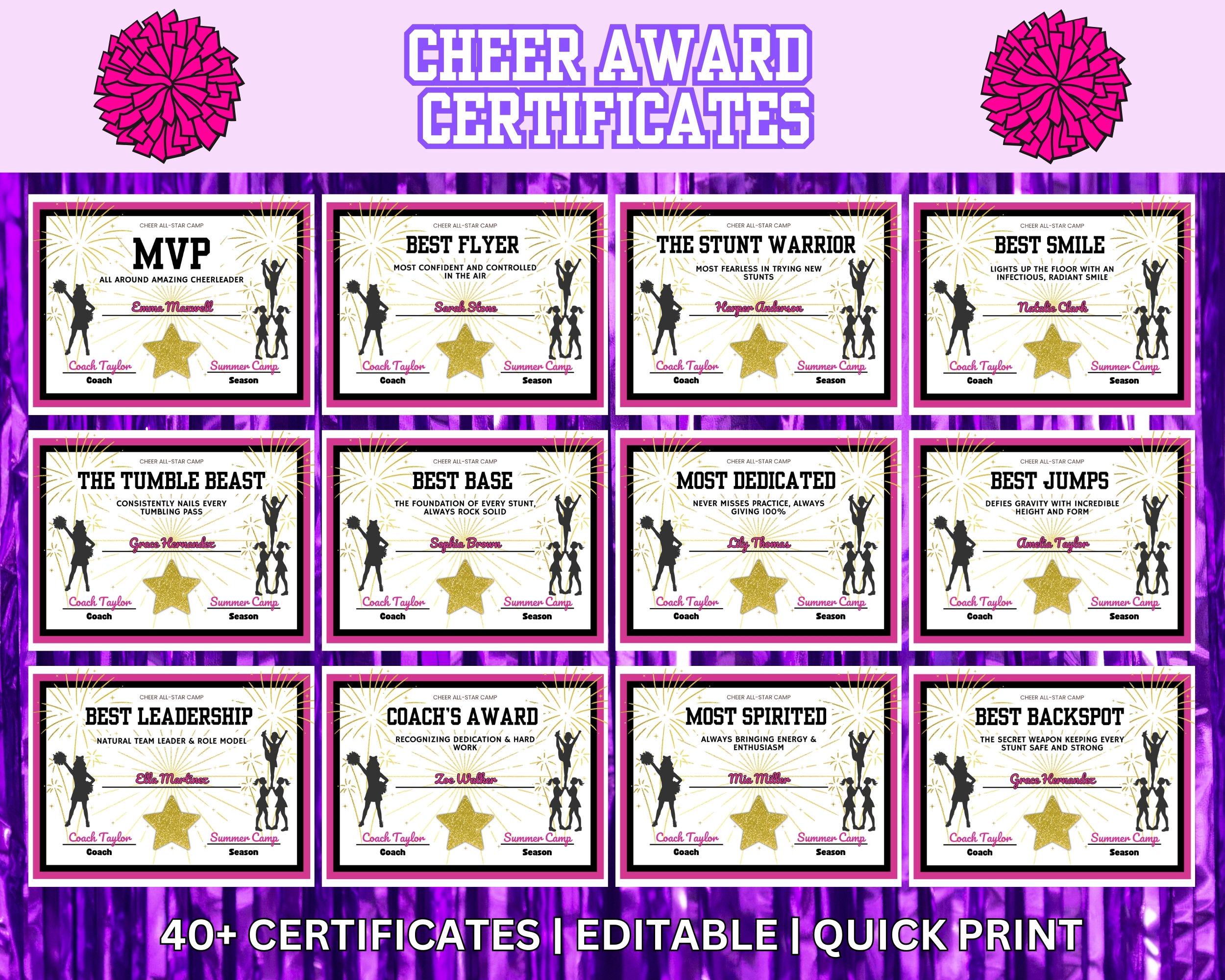 Editable Cheer Awards Certificate End of Cheer Season Team Party Gifts ...