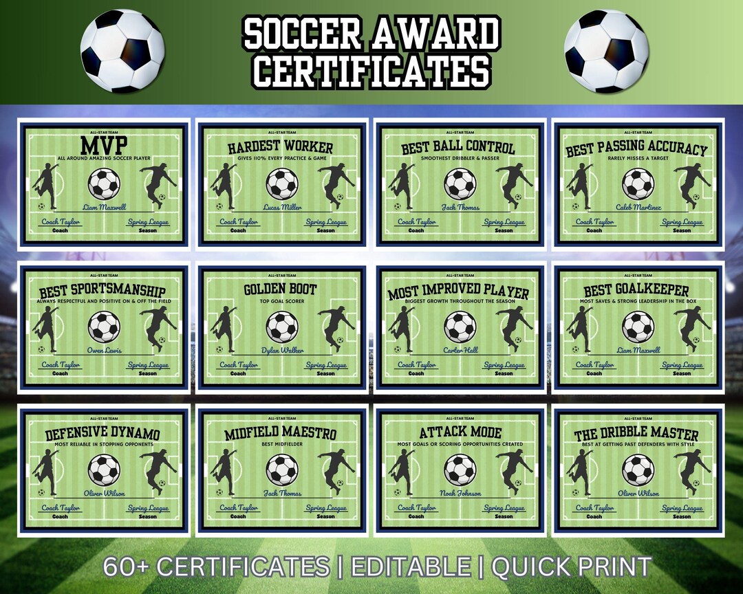 Editable Boys Soccer Awards Certificate End of Soccer Season Team Party ...