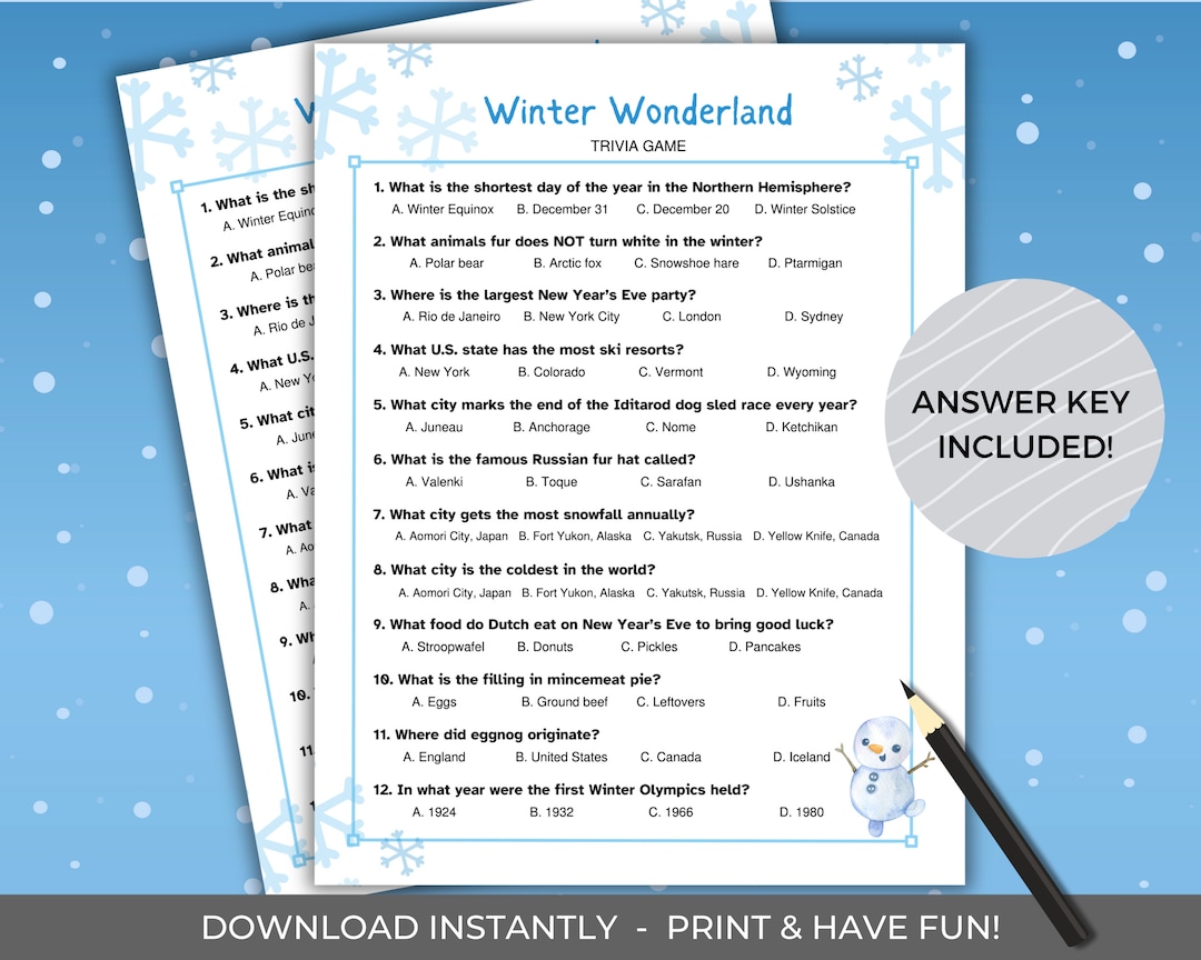 Winter Trivia Game Printable Winter Wonderland Trivia, Holiday Quiz ...