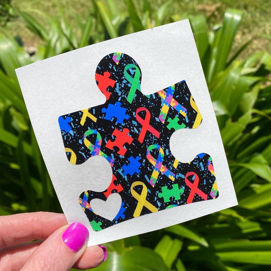 Autism Puzzle Piece Vinyl Decal in Cute Ribbon Pattern Vinyl With Heart ...
