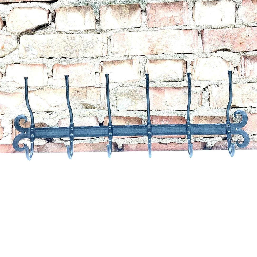 Forged Wrought Iron Wall Hook Rack With Decorative Backplate and 6 ...