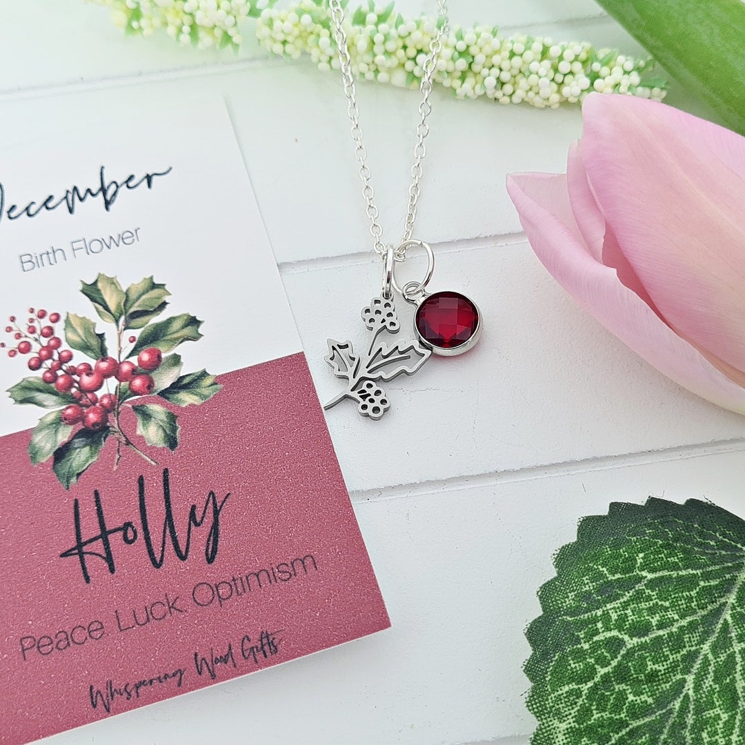 Silver Holly Necklace: December Birth Flower, Birthstone Jewellery ...