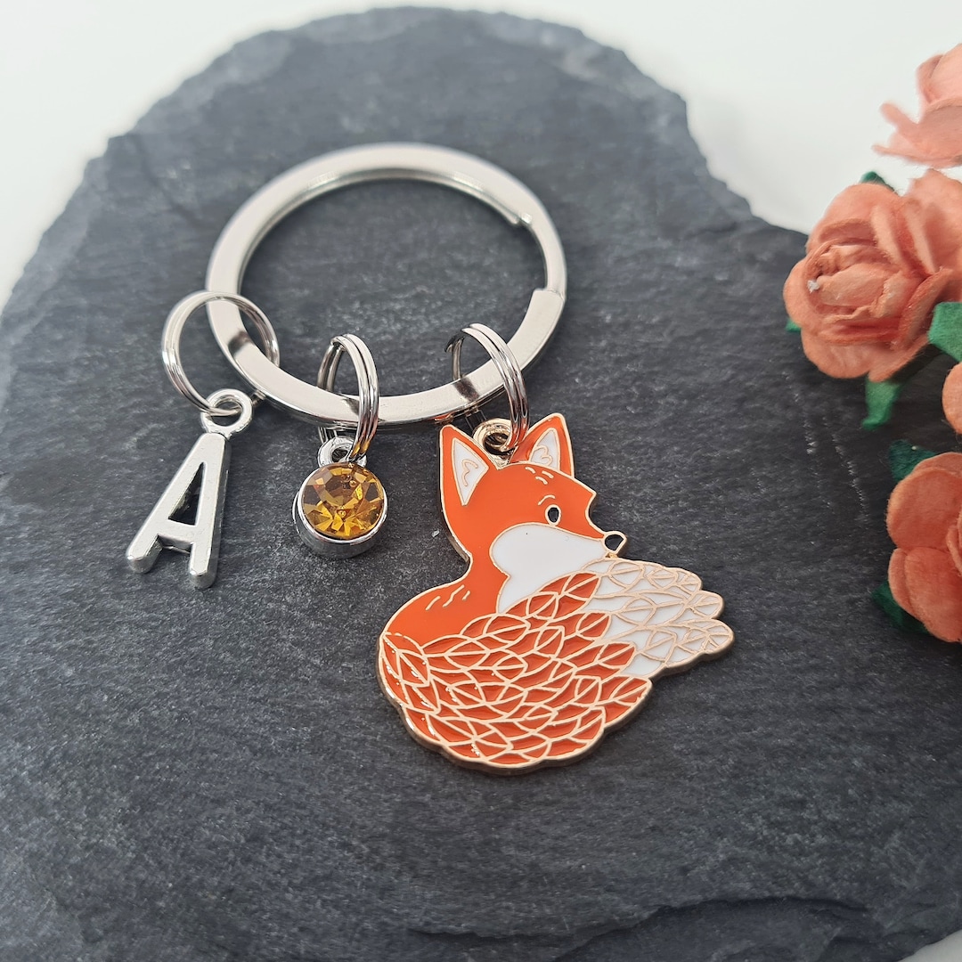 Personalised Fox Keychain, Red Fox Gifts, Birthstone Animal Keyring ...