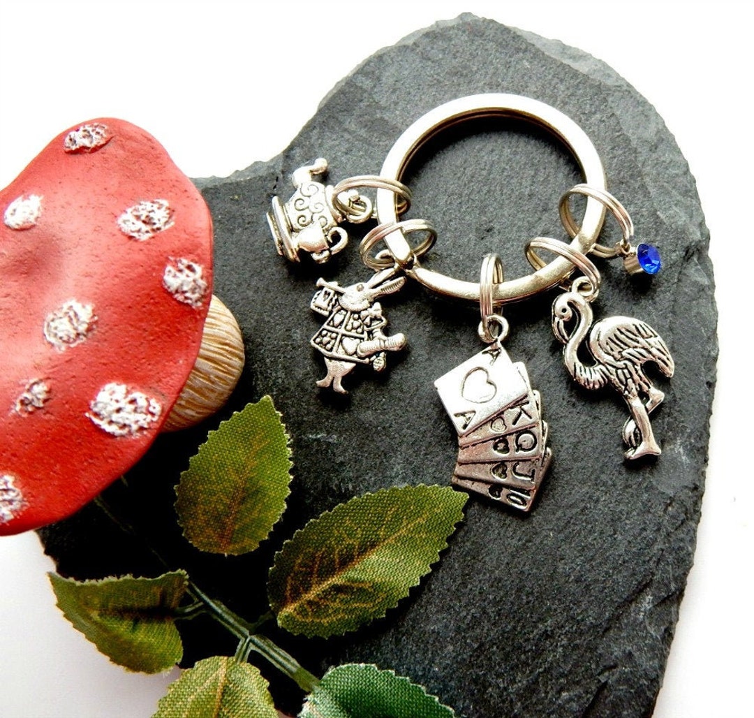 Silver Alice in Wonderland Birstone Keyring, Alice White Rabbit ...