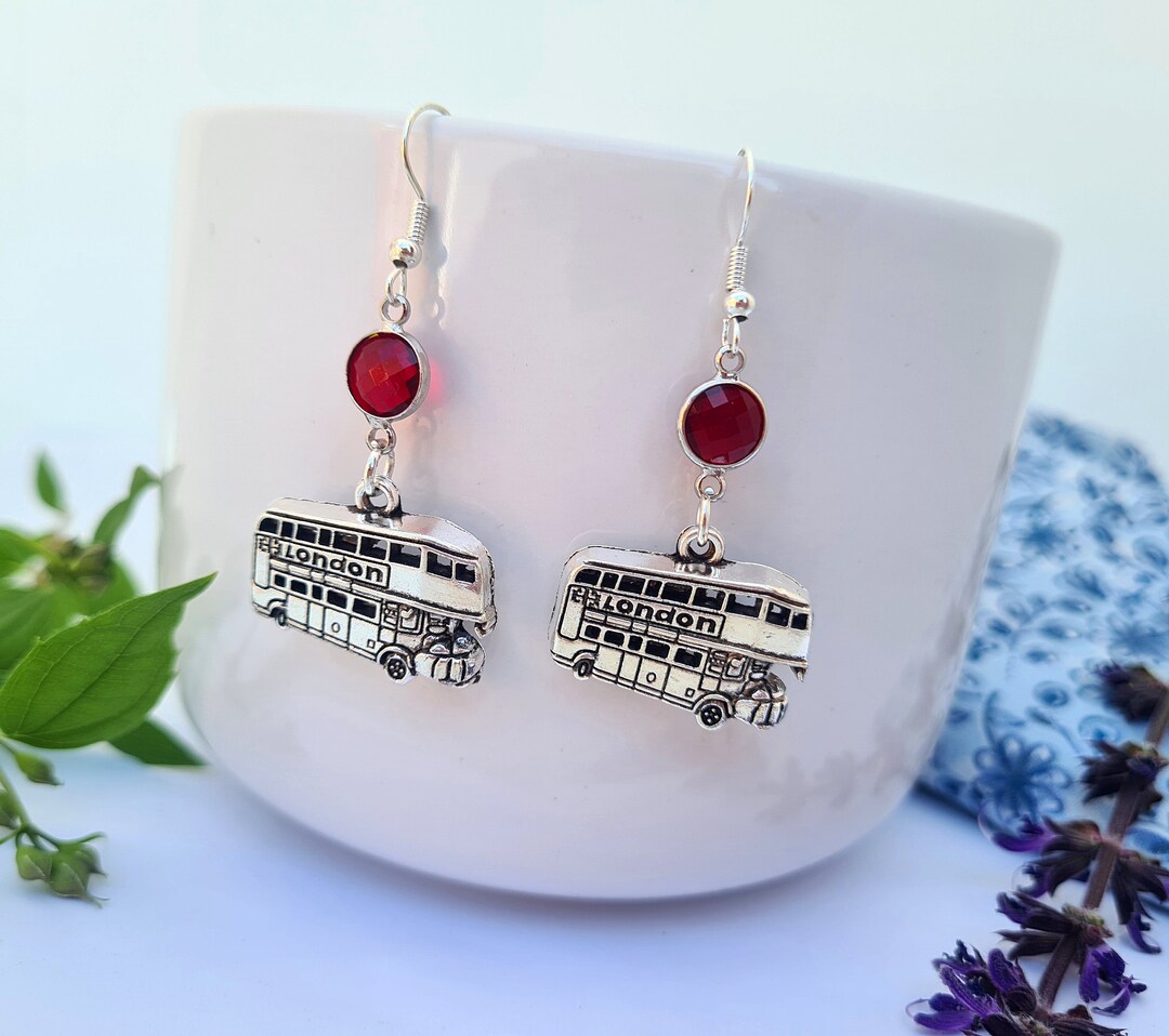 Silver Bus Earrings, Birthstone Gift, Transport Jewellery, Dangle Drop ...