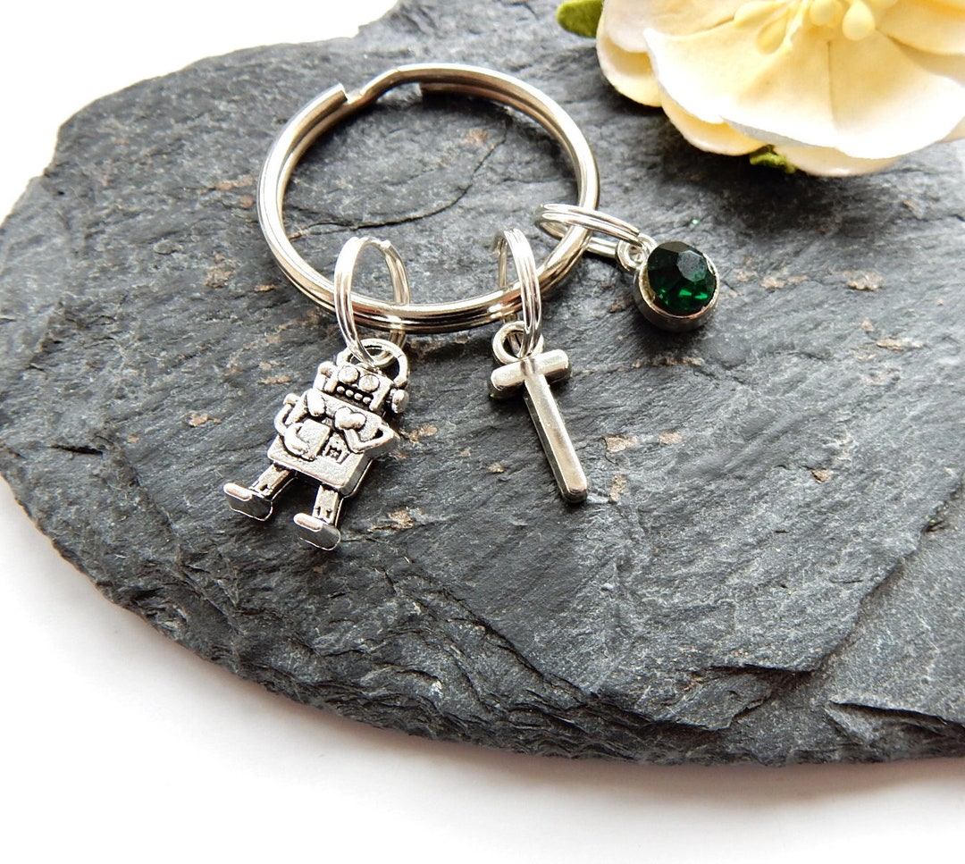 Personalised Robot Birthstone Keyring, Robot Key Chain, Geek Gift ...