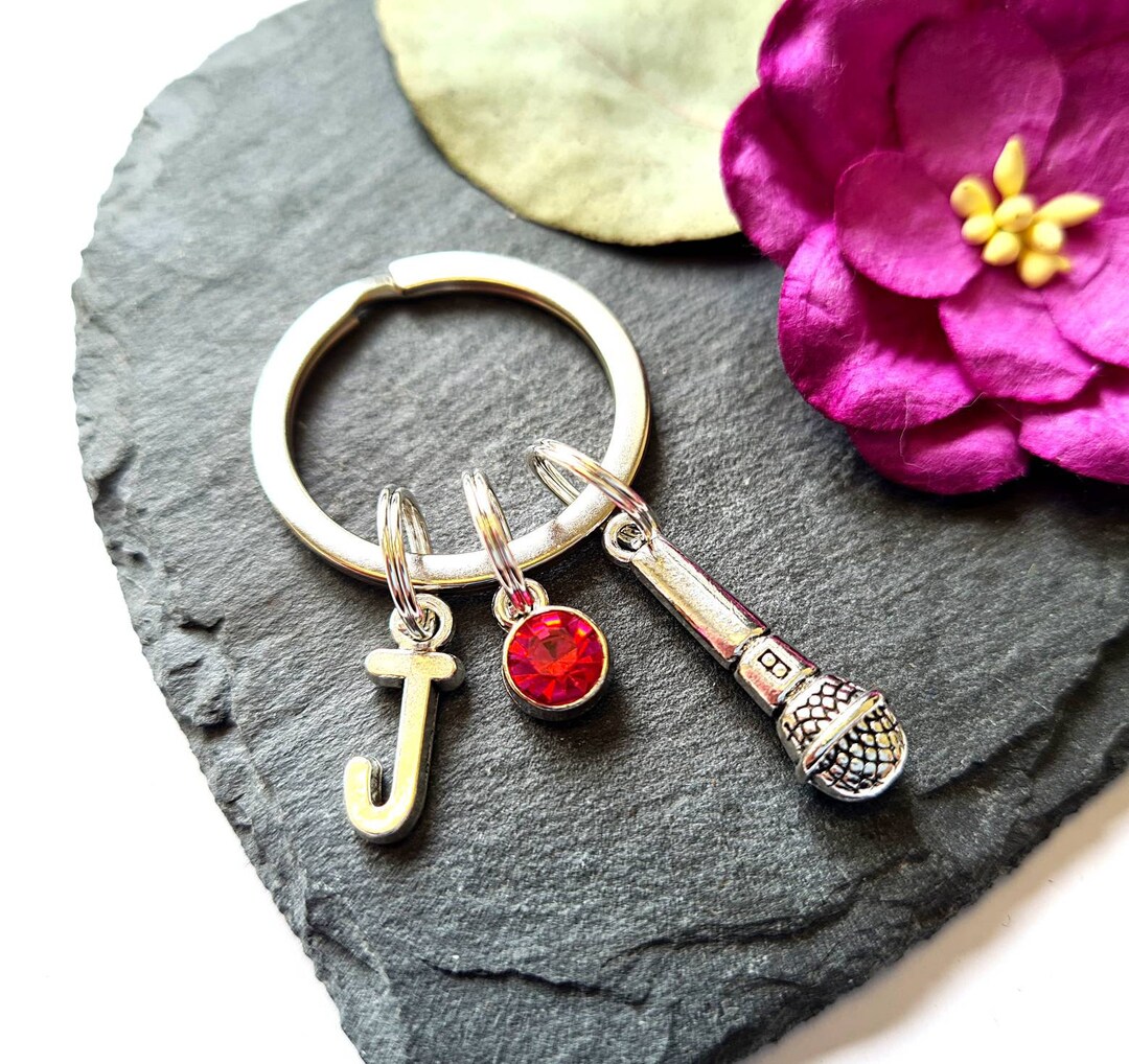 Personalised Microphone Birthday Keychain, Singer Gift, Birthstone ...