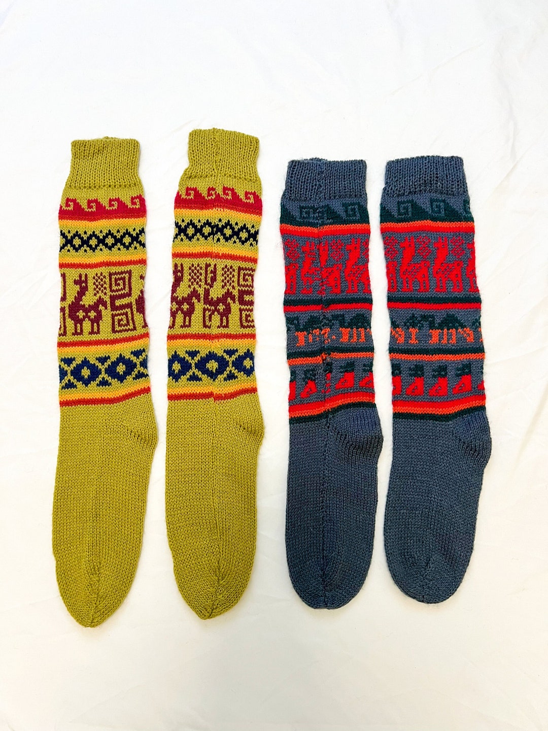 FINAL SALE Green and Blue Alpaca Unisex Yarn Socks for Winter Llama ...
