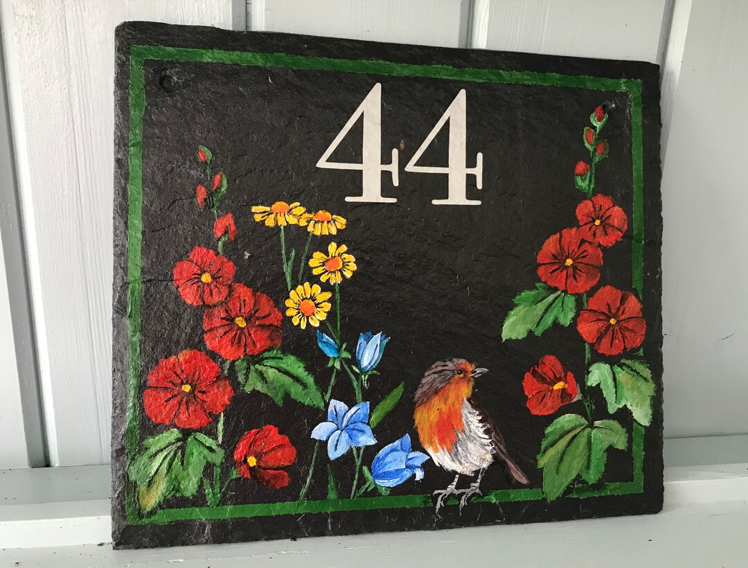 Colourful Flower Number Sign, Front Door Number Sign, Slate Door Plaque ...