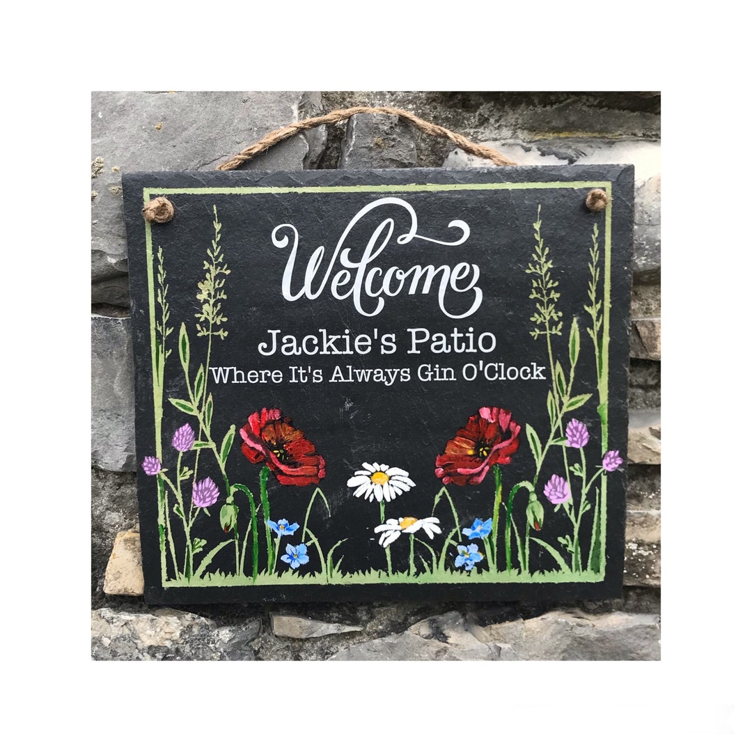 Painted Slate Welcome Sign, Personalised Garden Slate Sign, Floral ...