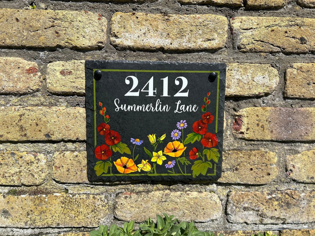 Colourful Flower Number Sign, Front Door Number Sign, Slate Door Plaque ...